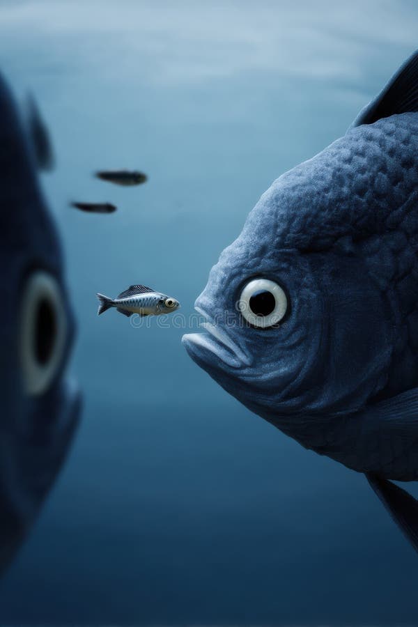 Large Fish and Small Fish Interacting in Tranquil Underwater ...