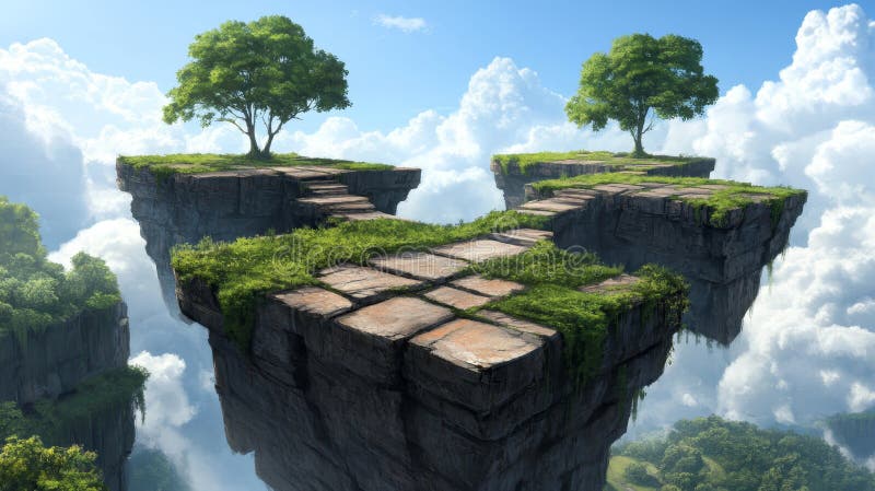 Floating Islands with Lush Greenery and Pathways in a Blue Sky Filled ...