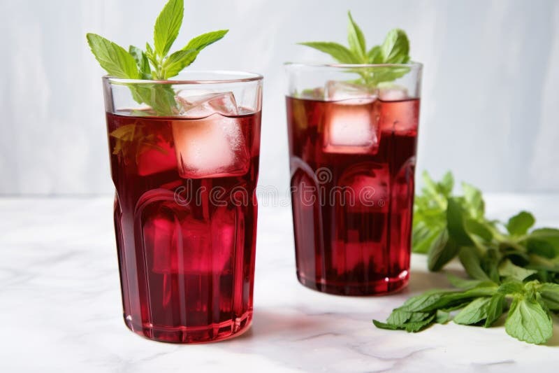 Two Large Glasses of Ruby Red Iced Herbal Tea with Ice Stock Image ...