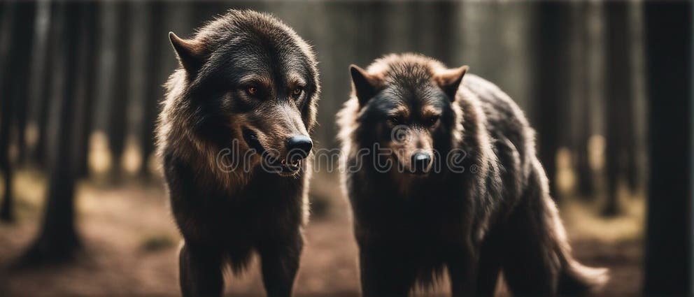 Two Large Grey Wolves Walking Together through a Forest Path, Both with ...
