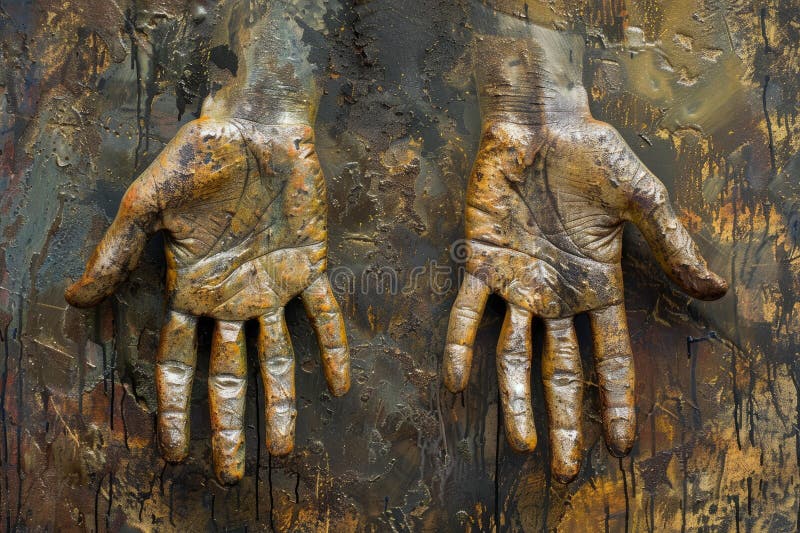 Two Large Hands Pressing Down on Textured Bronze Background Stock ...