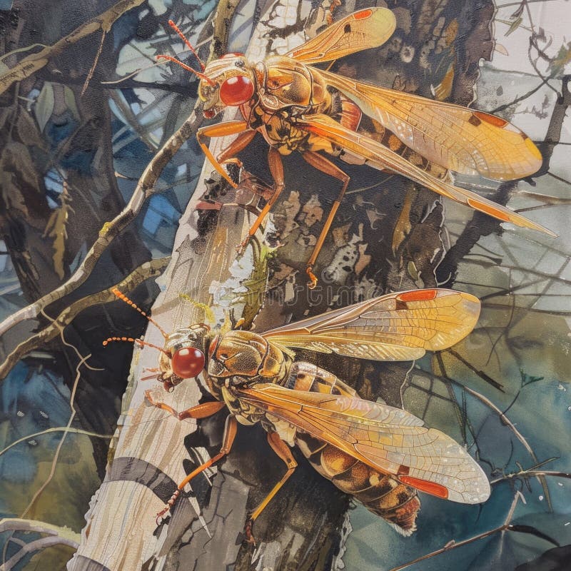 Two Large Insects are Perched on a Tree Branch, AI Stock Image - Image ...