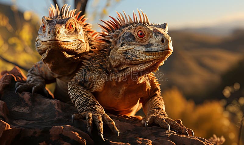 Two Large Lizards Sitting on Top of a Rock Stock Image - Image of ...