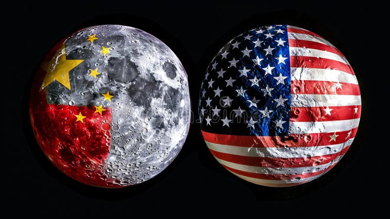 Two Large Moons with the American and Chinese Flags Stock Photo - Image ...
