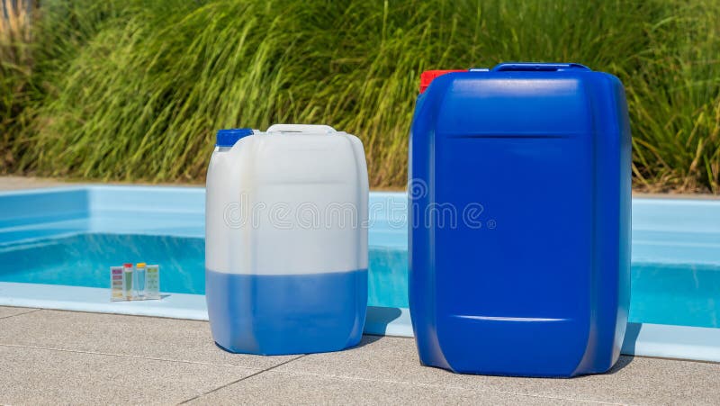 Two Large Plastic Containers for Pool Chemicals are Placed by the ...