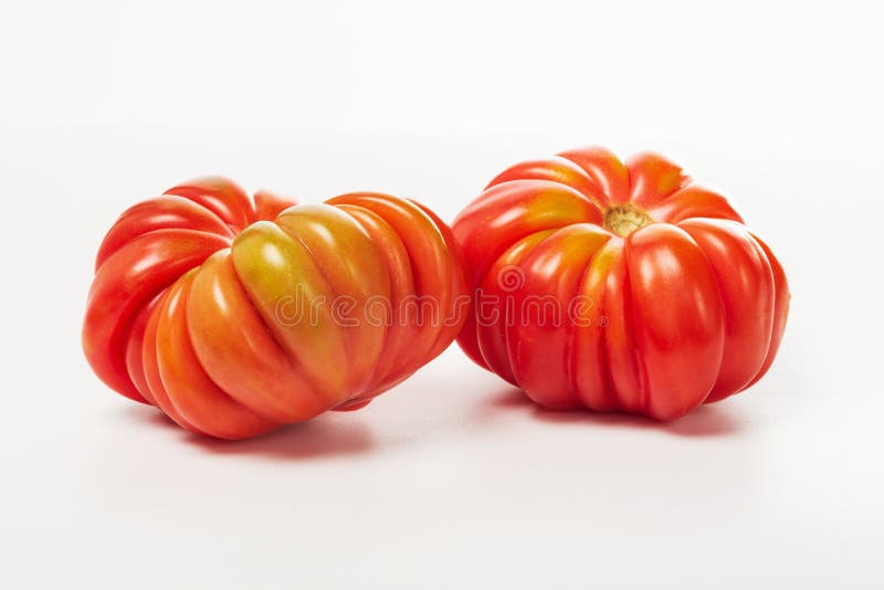 Two Large Red Striped Decorative Tomatoes with Shadow Stock Photo ...