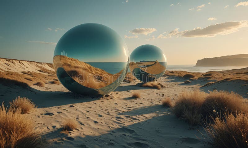 Two Large, Reflective Spheres Stand on Sandy Beach, with the Ocean and ...