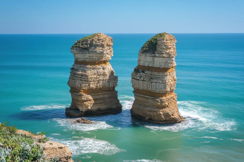Two Large Rocks Emerge Prominently from the Calm Water Surface. Stock ...