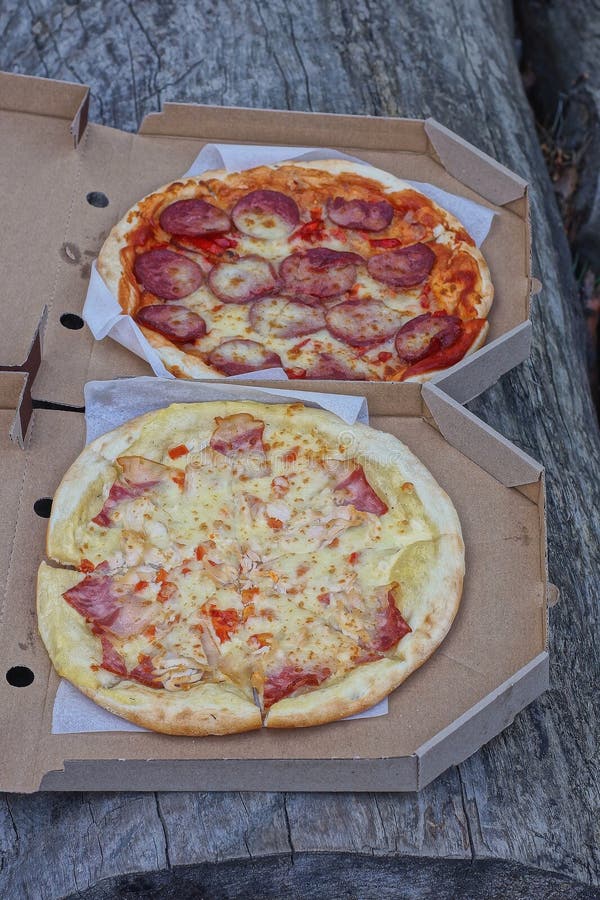 Two Large Round Pizzas in Gray Paper Packaging Boxes Stock Image ...