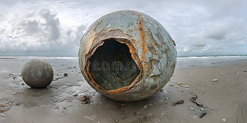 Two Large Spherical Objects on a Beach with a Hole in One Under a ...