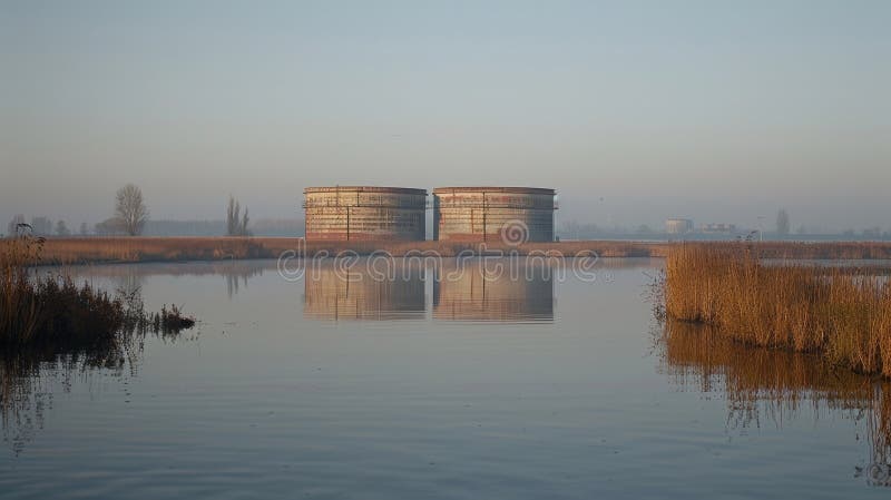 Two Large Tanks or Containers Float in the Middle of a Scenic Lake or ...