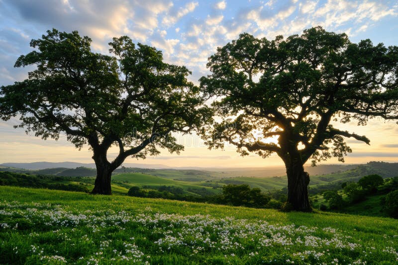 Two Large Trees Stand in a Field of Grass Stock Illustration ...