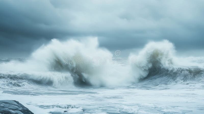 Two Large Waves Crashing Under a Grey Sky Stock Illustration ...