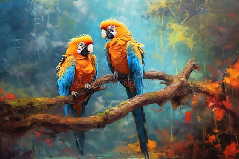 Two Large Yellow and Blue Parrots Siting on a Branch. Generative AI ...