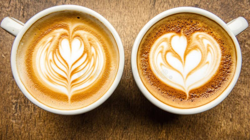Two Latte Art Coffees, Wooden Table, Cafe, Overhead Stock Image - Image ...