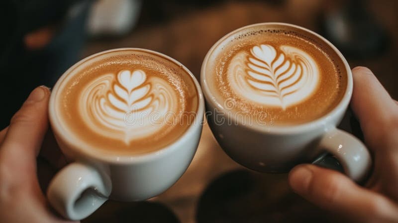 Two Latte Cups with Heart and Leaf Latte Art Held by Hands Stock ...