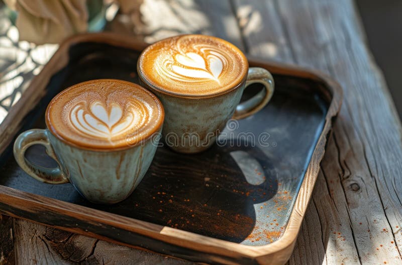 Two Latte with Heart Latte Art on a Tray Stock Illustration ...
