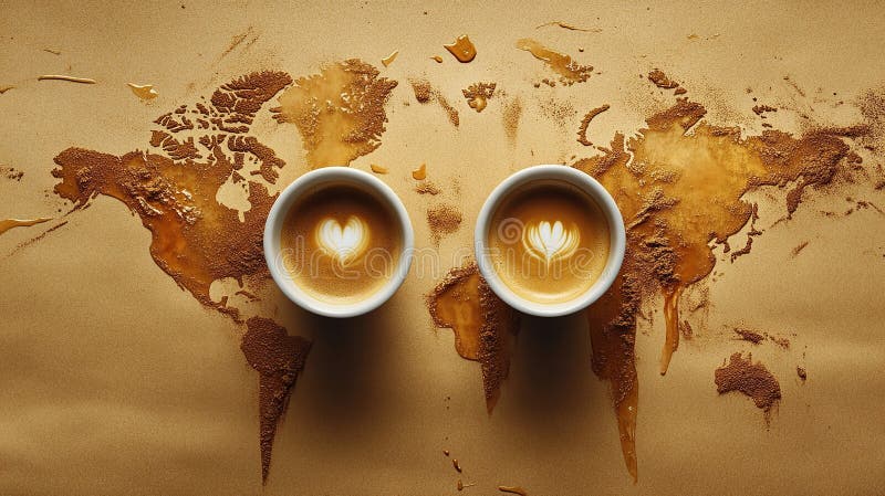 Two Lattes, World Map, Coffee Grounds, Overhead Shot, Travel Stock ...