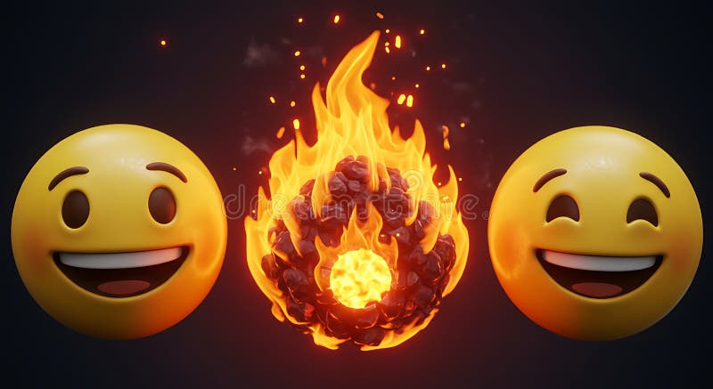 Laughing Emoji Faces beside Burning Hot Object with Fire Stock ...