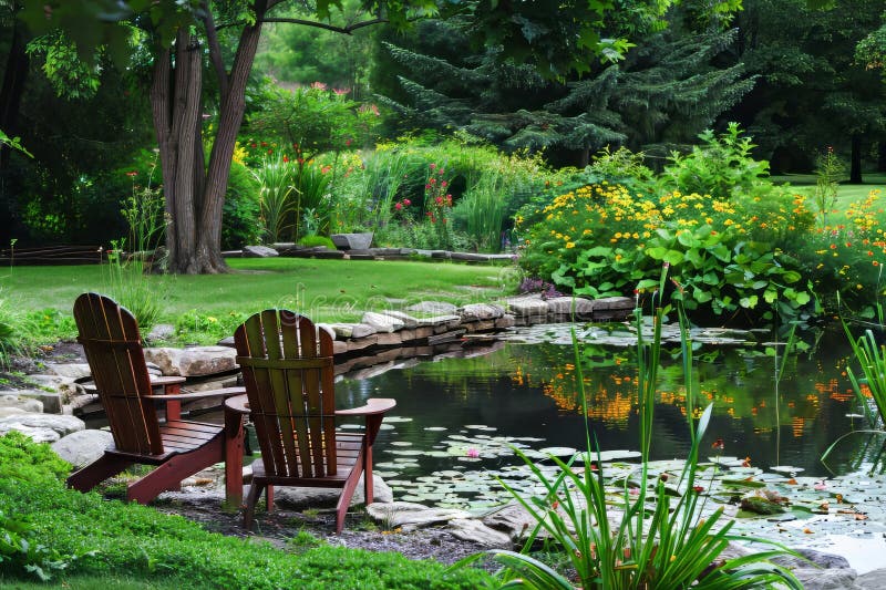 Two Lawn Chairs by Pond stock illustration. Illustration of ...