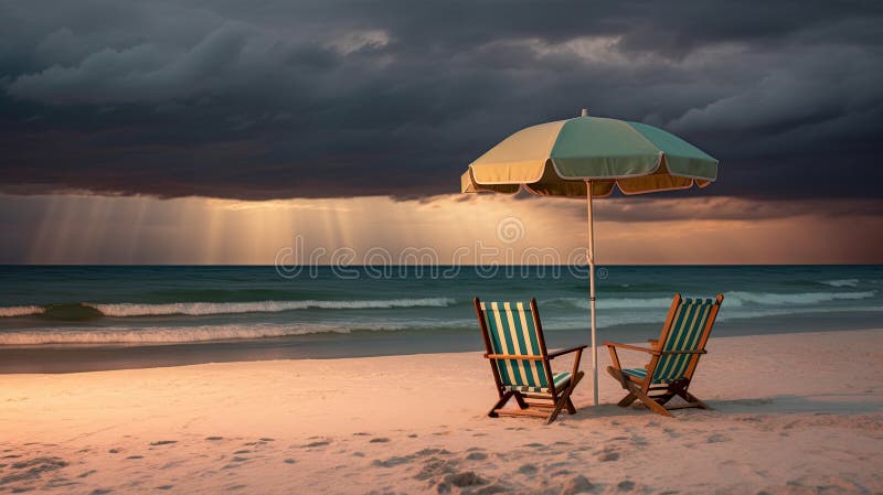 Two Lawn Chairs Sitting Under an Umbrella on a Beach. Generative AI Image. Stock Illustration ...