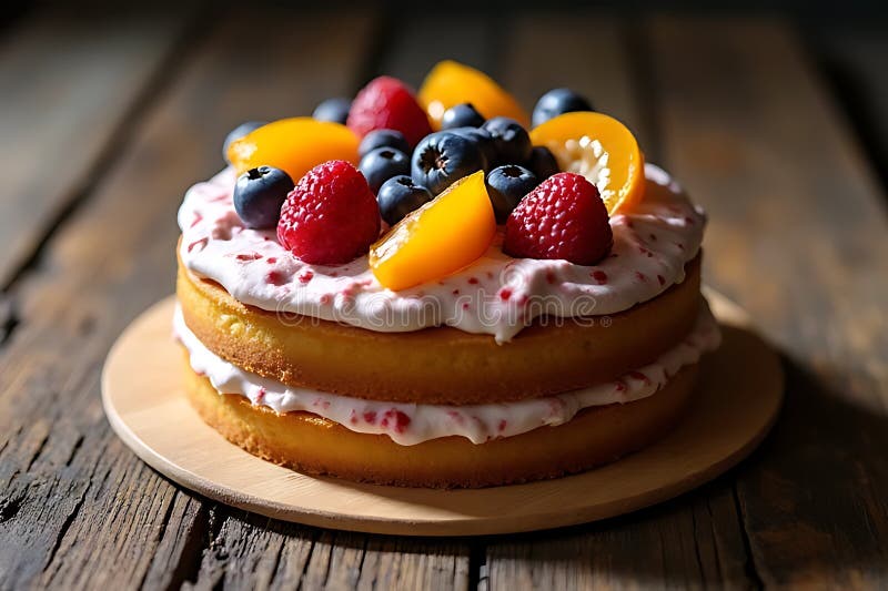 A Two-layer Cake is Decorated with Berries and Cream on Wood Stock ...