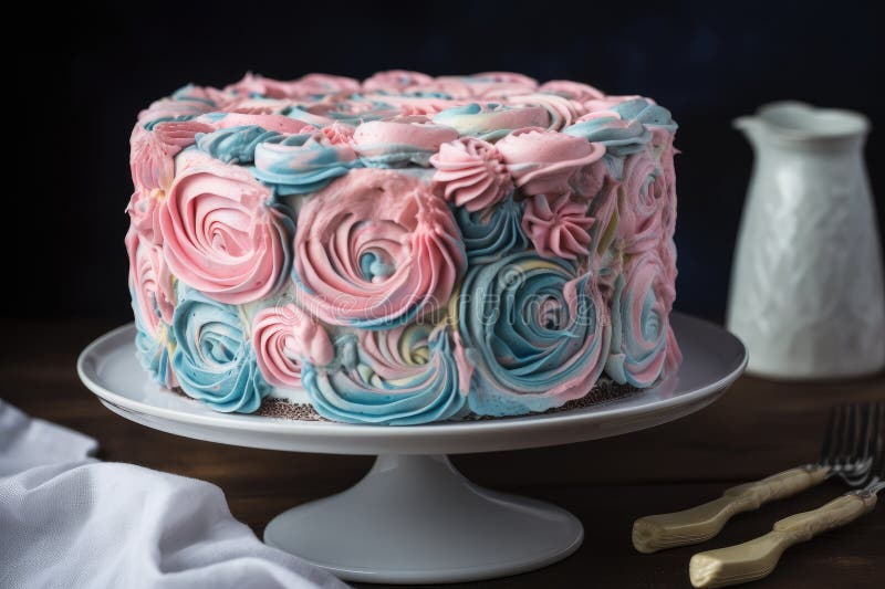 Two-layer Cake, Frosted with Swirls of Pastel Pink and Blue Icing Stock ...