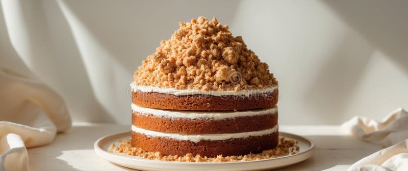Two Layered Carrot Cake with Crumble Topping on White Plate. Stock ...