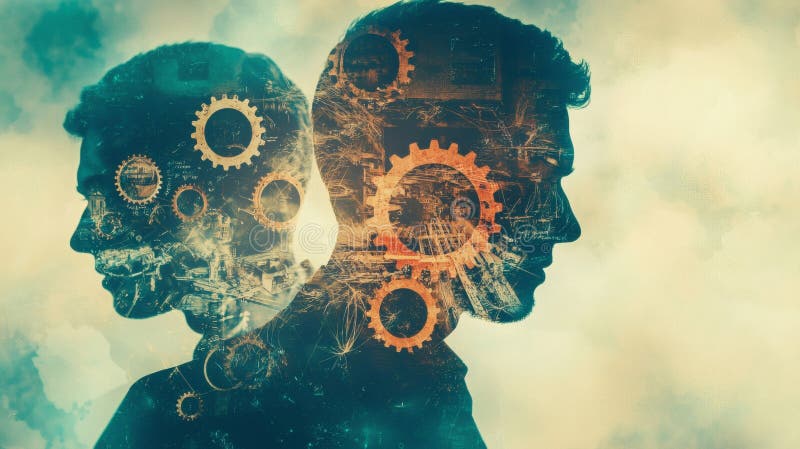 Double Exposure Silhouette with Gears Showing Concept of Innovation and ...