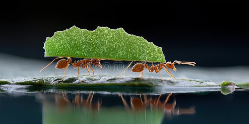 Two Leaf Cutter Ants Carrying Green Leaf on Reflective Surface ...