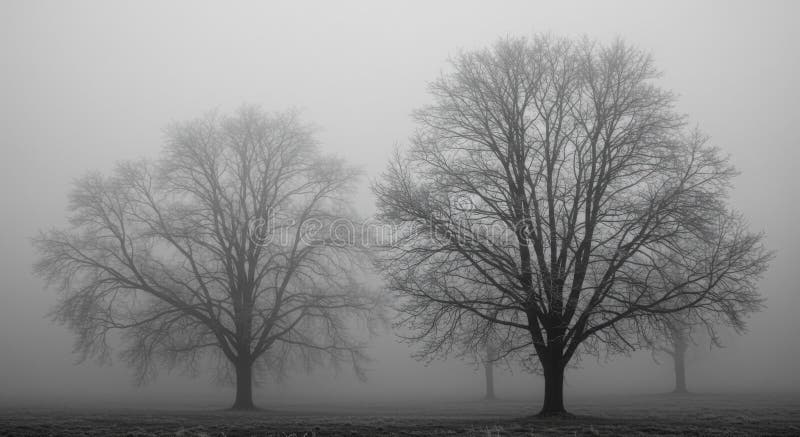Two Leafless Trees in Dense Foggy Field Stock Illustration ...