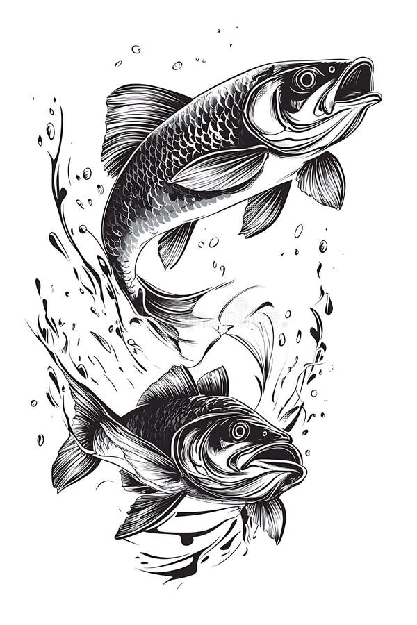 Two Leaping Fish in Detailed Ink Drawing Stock Illustration ...