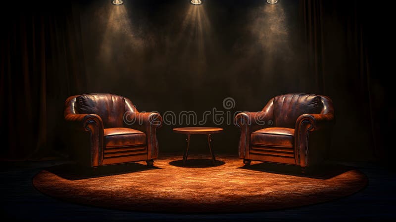 Two Leather Armchairs on a Stage with Dramatic Lighting and a Small ...