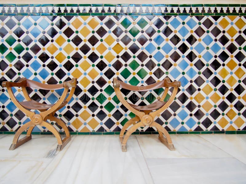 Two Leather Chairs with Patterned Tile Wall Stock Photo - Image of ...