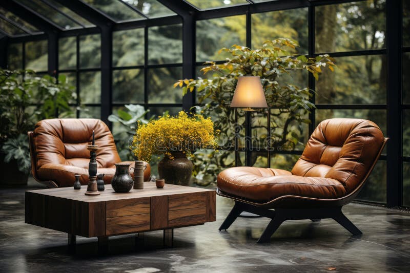 Two Leather Mid-century Armchairs and Wooden Coffee Table. AI Generated ...