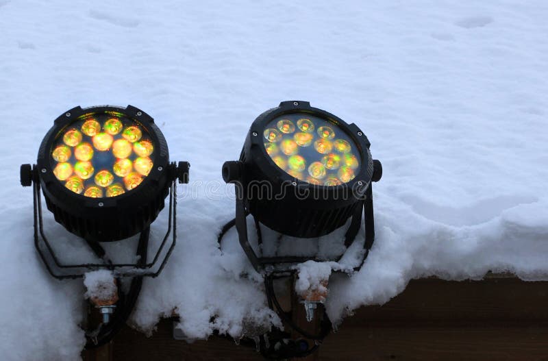 Two Led Spotlights on the Snow Covered Roof Stock Photo - Image of ...