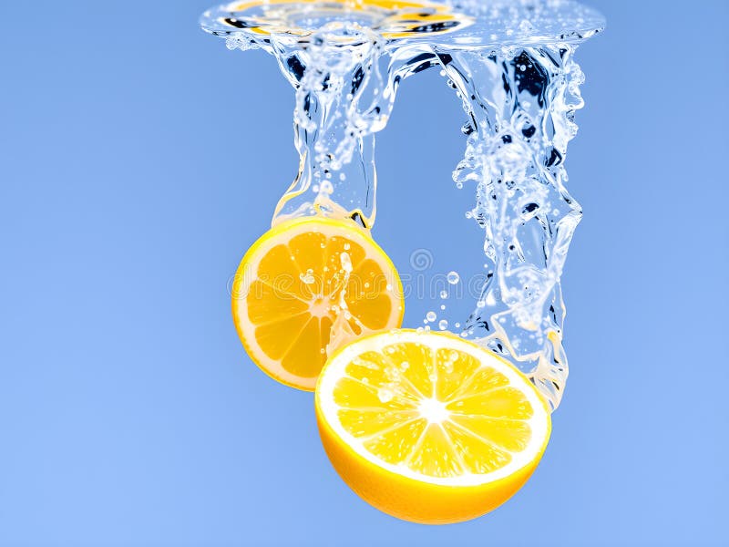 Two Lemon Halves Submerged in Water Against a Light Blue Background ...