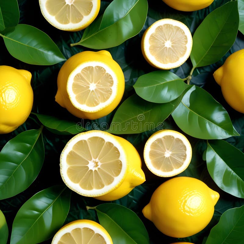 Two Lemons, One Whole and One Sliced, with Green Leaves Stock ...