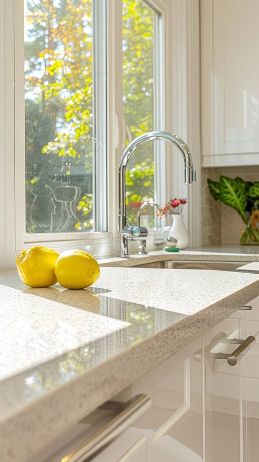 Two Lemons Sit on a White Quartz Countertop in a Modern Kitchen ...