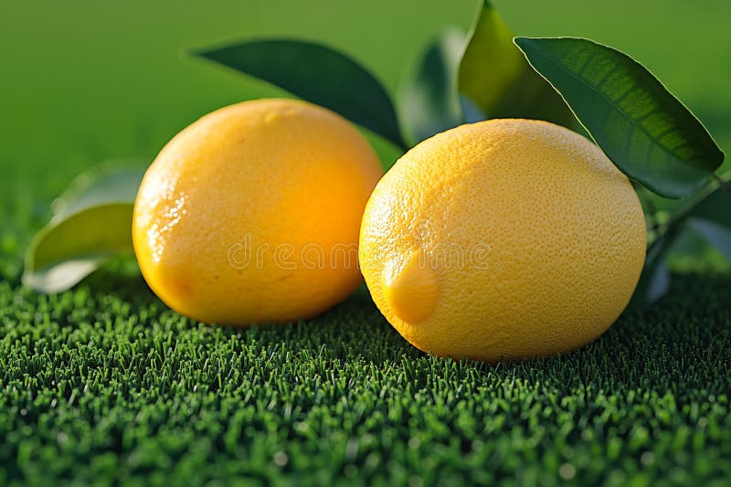 Two Lemons Sitting on Top of a Lush Green Field Stock Photo - Image of ...