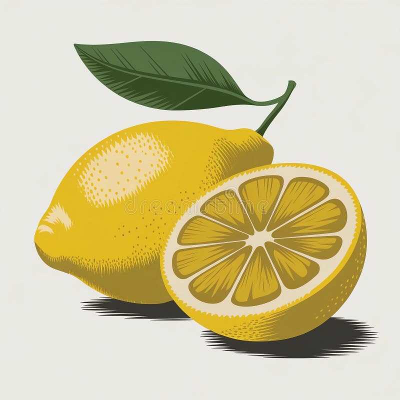 Two Lemons: Whole Lemon and Halved Lemon with Leaf on White Backdrop ...