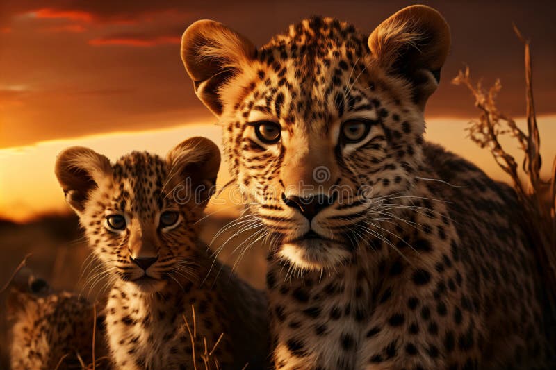 Two Leopard Cubs with Curious Eyes Sitting in the Golden Light of ...