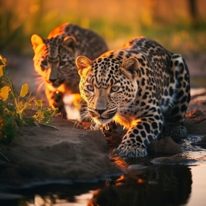 Two Leopard Drinking Water from the Lake Stock Illustration ...