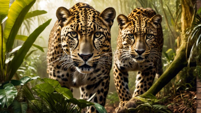 Two Leopards are Standing Side by Side in Jungle Setting with Plants ...
