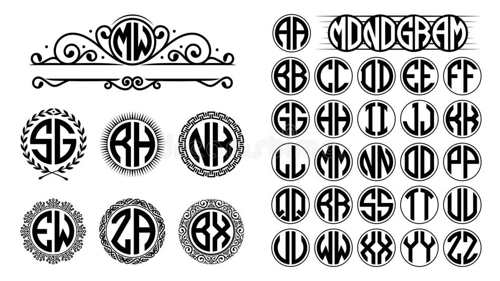 Two Letters Circle Initial Monogram Logo Design Set with Frame Stock ...