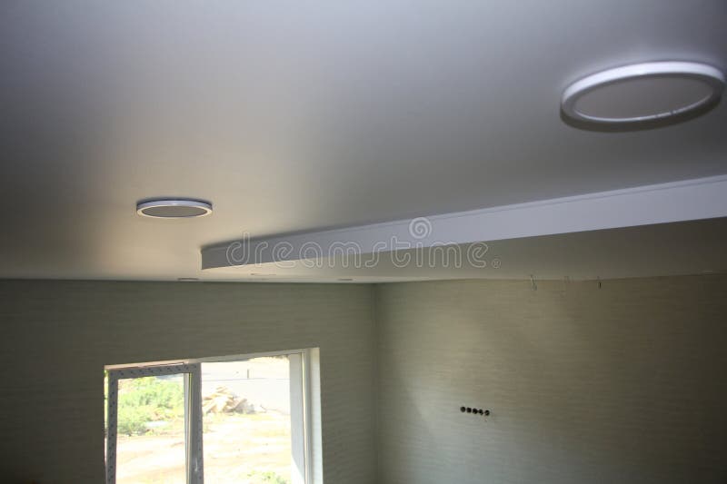 Modern Stretch Ceiling with Round Recessed LED Lights Stock Image ...