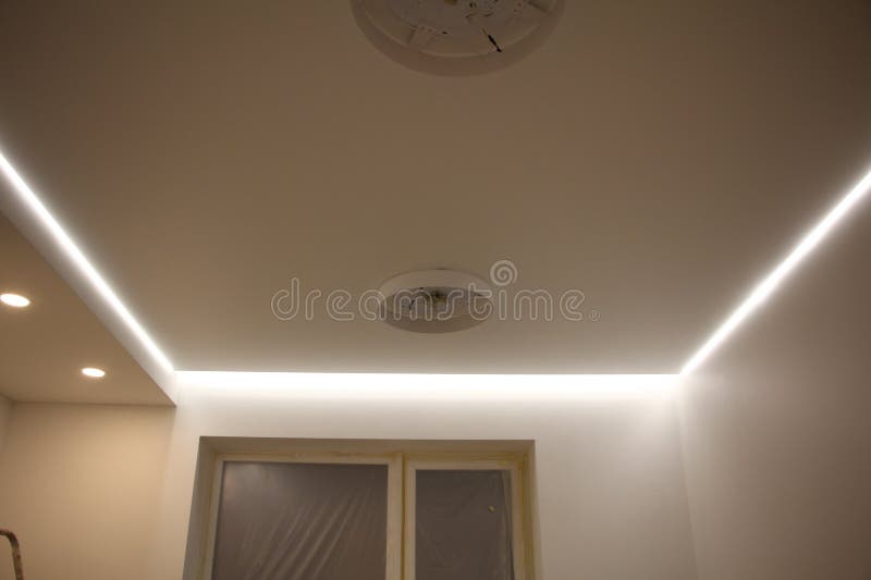 Modern Stretch Ceiling with Round Recessed LED Lights Stock Image ...