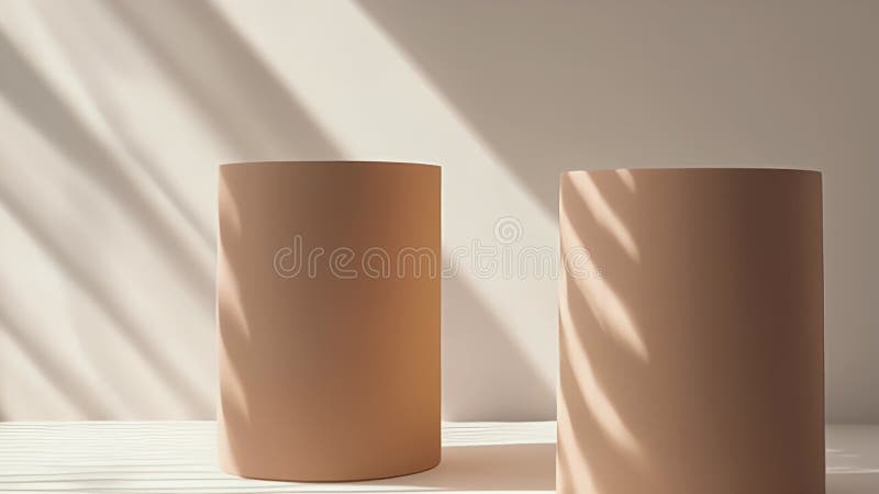 Clean Minimalist Product Display: Two Light Brown Cylindrical Stands in ...