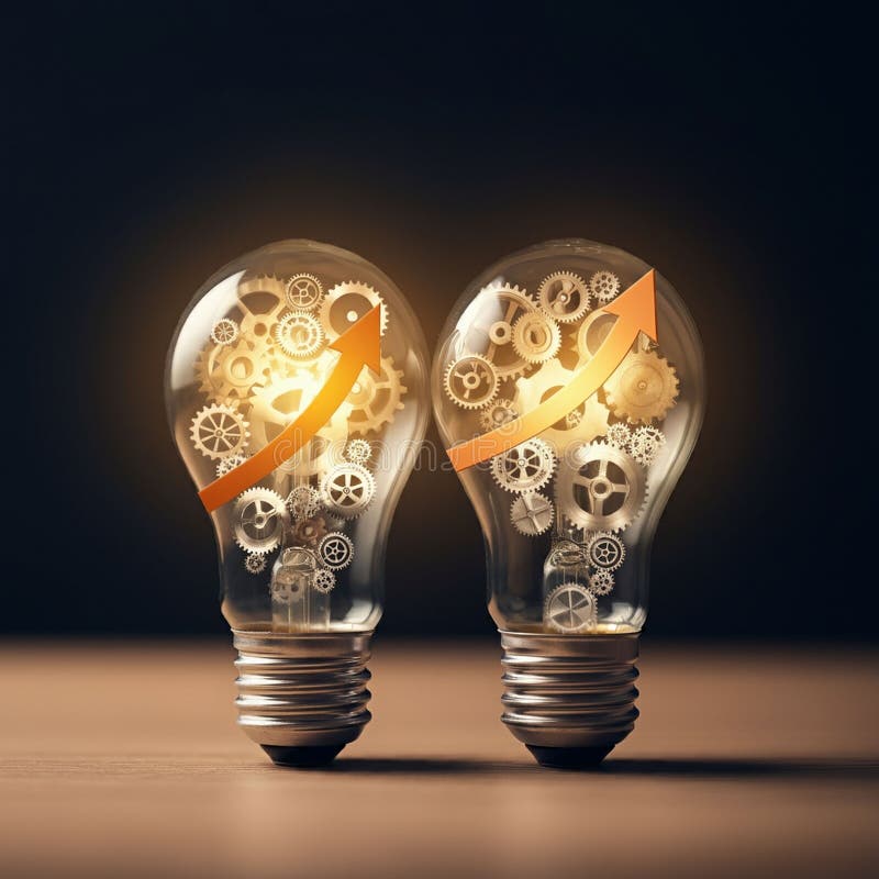 Two Light Bulbs Filled with Interlocking Gears and Cogs Symbolize Ideas ...