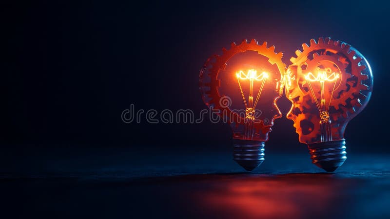 Two Light Bulbs with Gears Representing Collaboration and Innovation ...